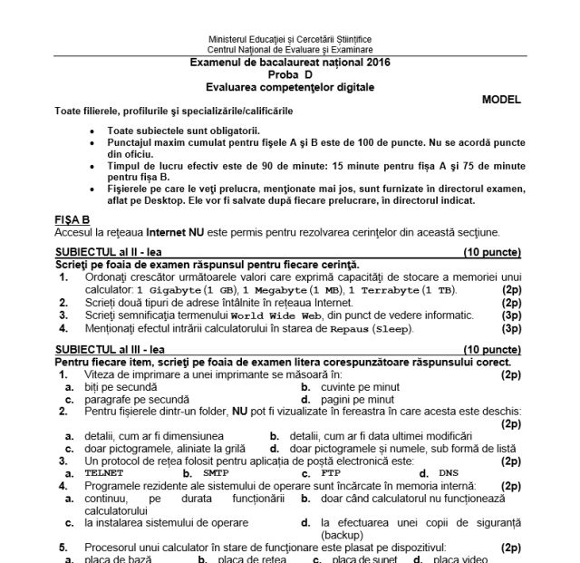 SUBIECTE BACALAUREAT 2016. Subiecte la proba de Competenţe digitale | Observatornews.ro